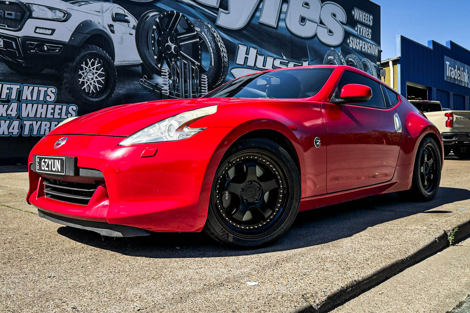 nissan 370z hussla zen matte black gold rivets gloss black lip wheel #19266