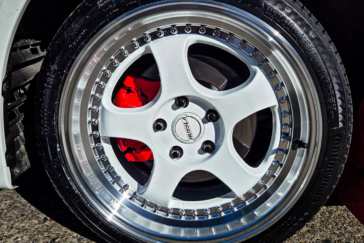 mitsubishi lancer hussla zen gloss white centre polished lip wheel #20209